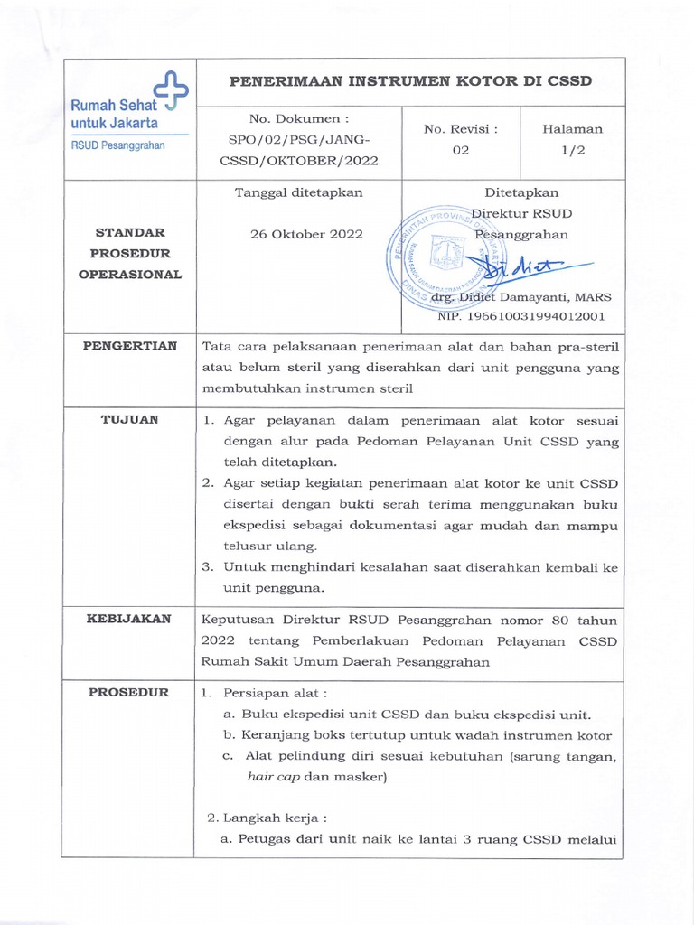 02 Penerimaan Instrumen Kotor Di CSSD | PDF