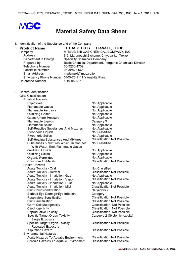 MSDS TBT - MGC (Eng) 2013 | PDF | Toxicity | Dangerous Goods