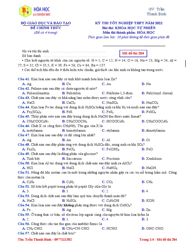 de Tot Nghiep THPT Mon Hoa - Ma 204. TTB | PDF