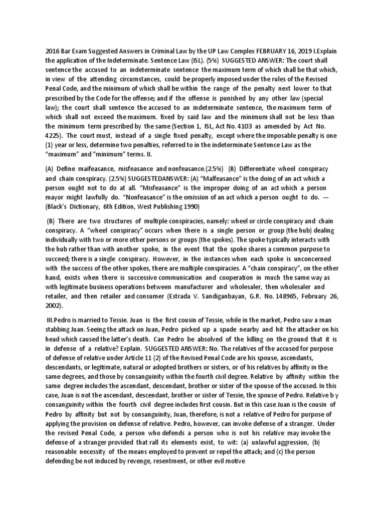 2016 Criminal Law Bar Exam Answers | PDF | Criminal Law | Sentence (Law)