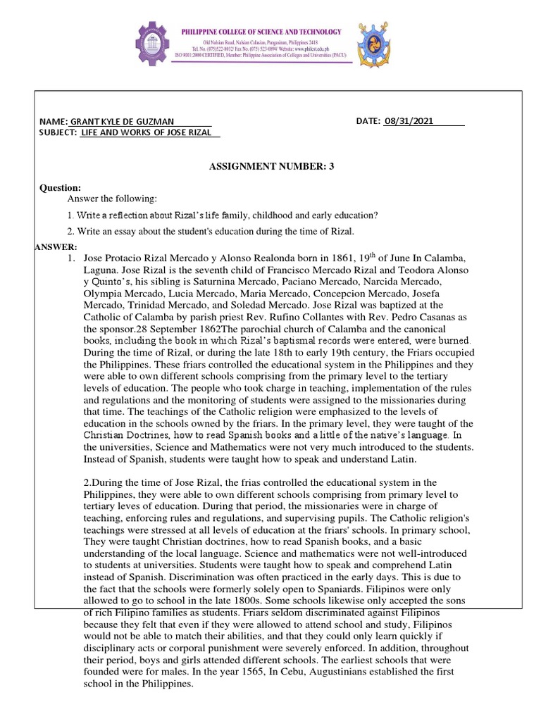 Assignment No3 Life and Works of Jose Rizal | PDF | Schools | Philippines