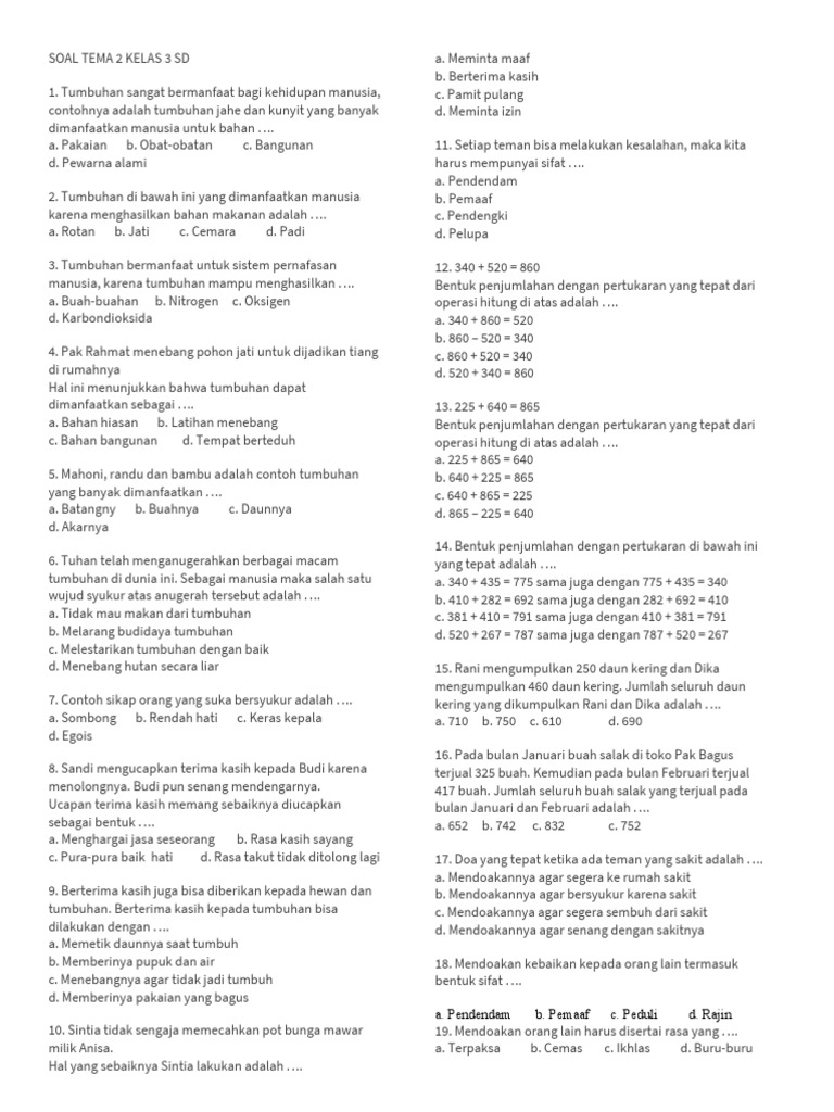 Soal Tema 2 Kelas 3 S1 | PDF