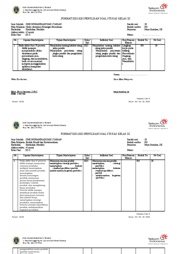 Format Kisi-Kisi STS, Sas MTK X 2022-2023 | PDF