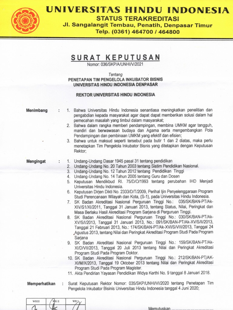 SK Pengelola INBIS UNHI 2021 | PDF