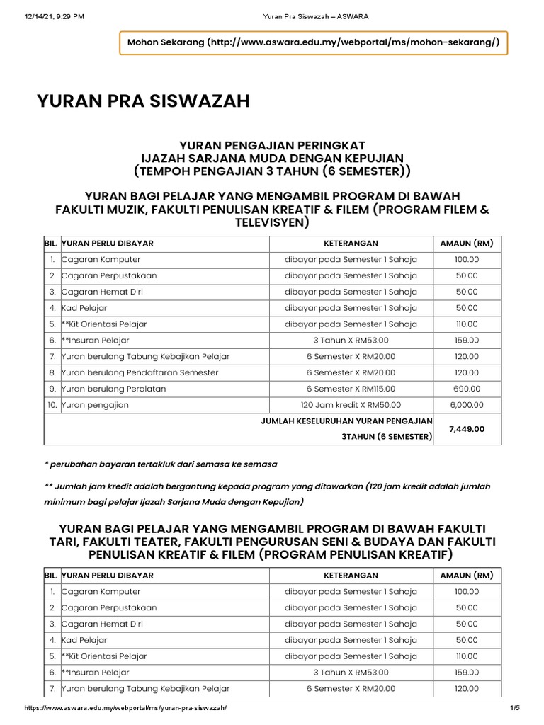 Yuran Pra Siswazah - ASWARA | PDF