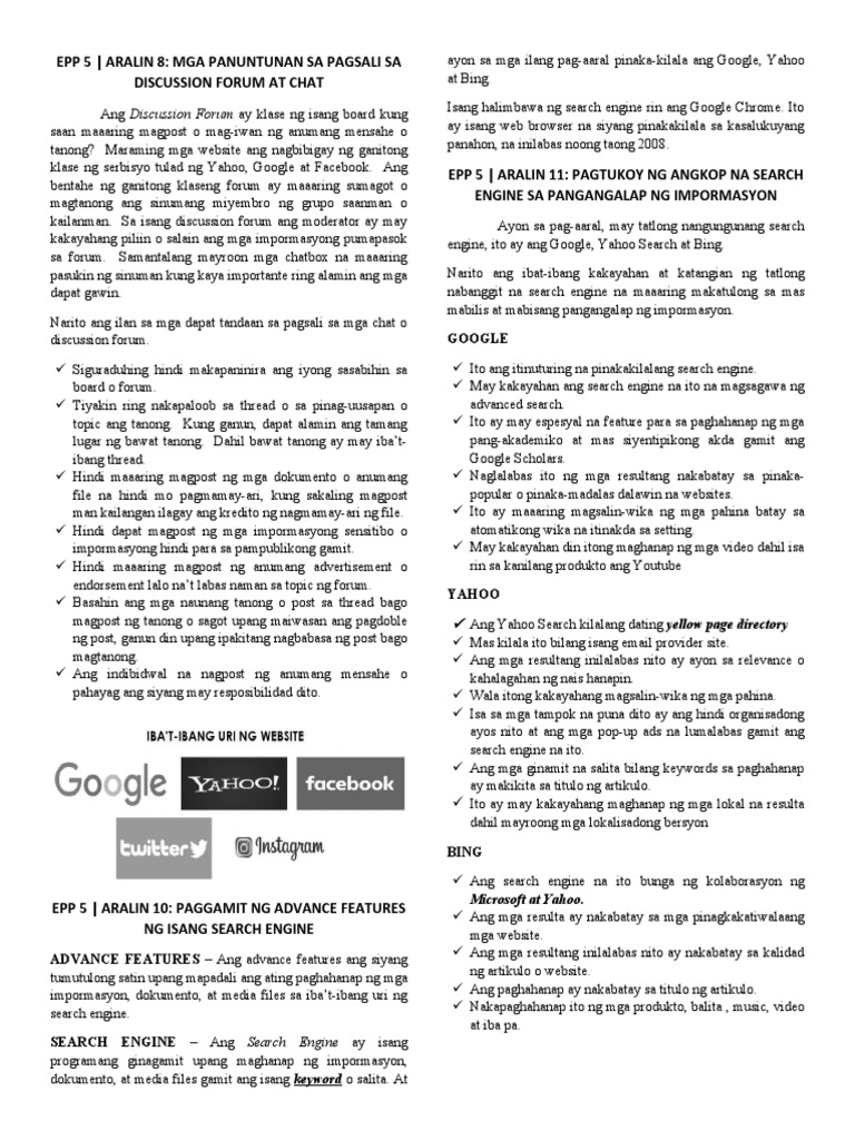 EPP 5 - Q1 - Aralin 8 Hanggang Aralin 12 (HAND-OUT) | PDF