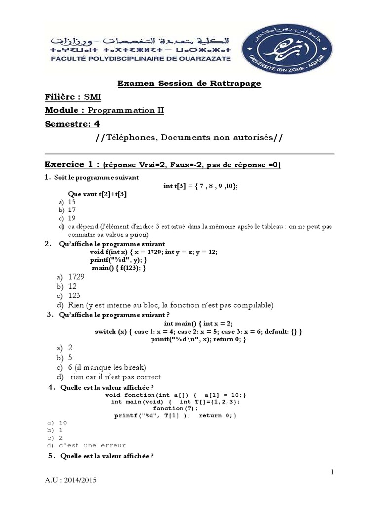 Examen Rattrapage Programmation II SMI S4+Correction | PDF | Théorie (échecs) | Échecs