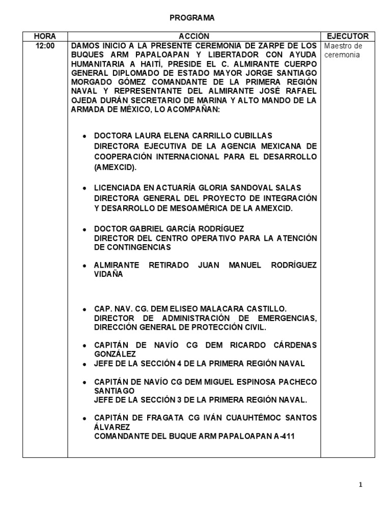 Programa de La Ceremonia de Zarpe de Los Buques Papaloapan y Libertador ...