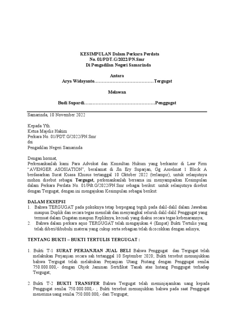 Lab Perdata Kesimpulan Tergugat | PDF