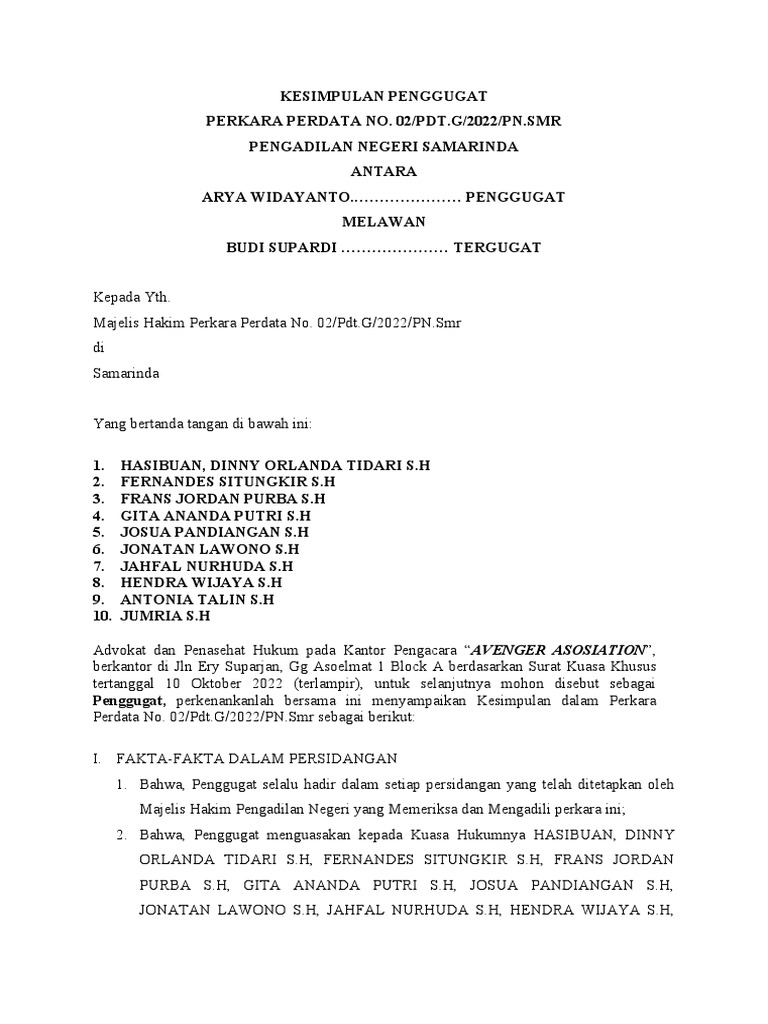 CONTOH Kesimpulan Penggugat | PDF