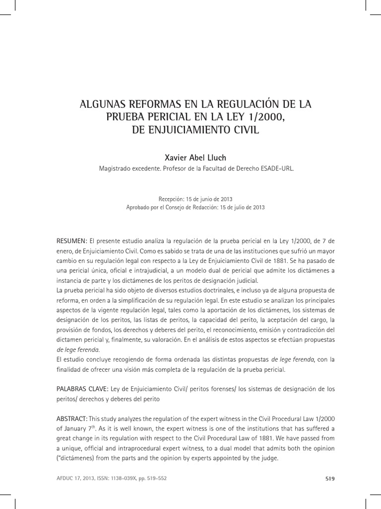 La Prueba Pericial Xavier Abel Lluch | PDF | Testigo experto | Demanda ...