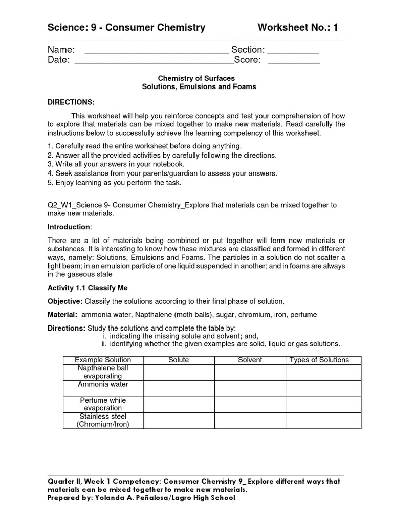 Consumer Chemistry Worksheet: Mixtures | PDF | Foam | Chemistry