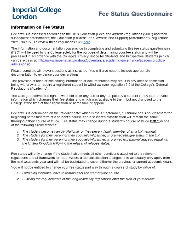 Fee Status Questionnaire - Updated | PDF