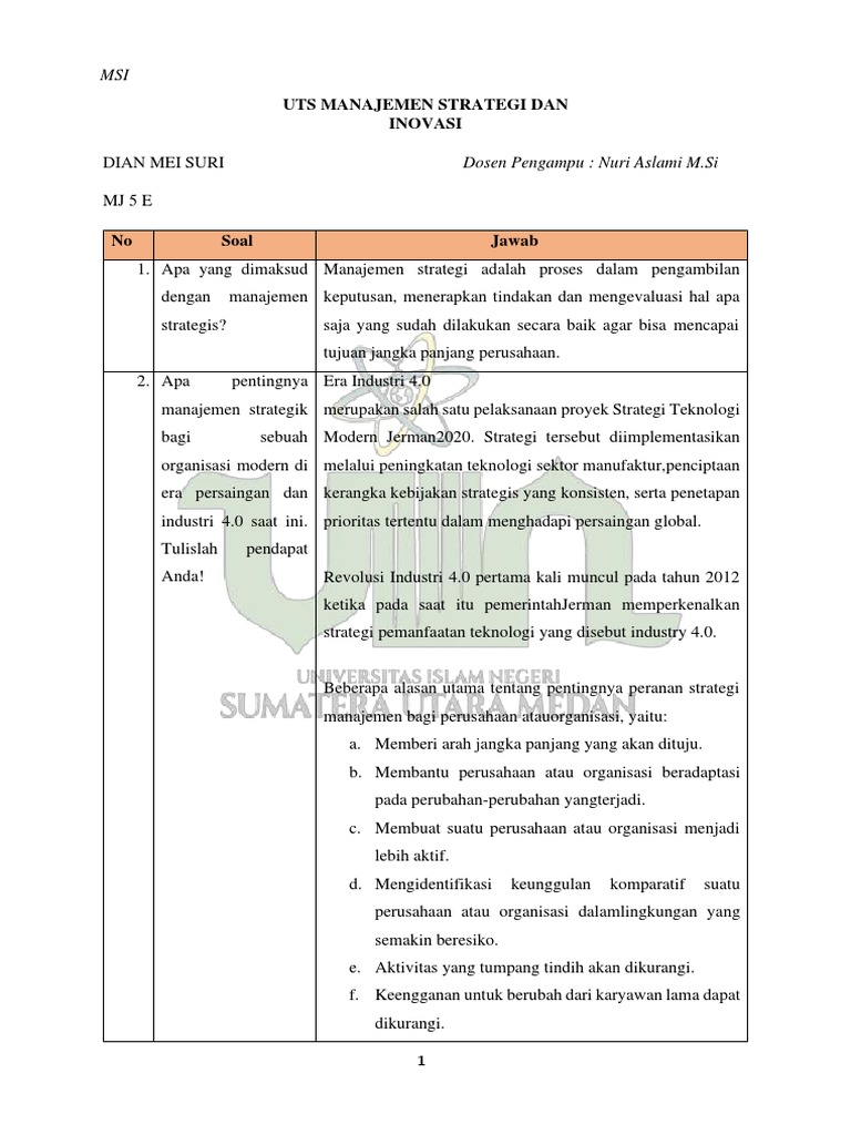 Uts Manajemen Strategi Dan Inovasi Dian Mei Suri 0506203197 | PDF