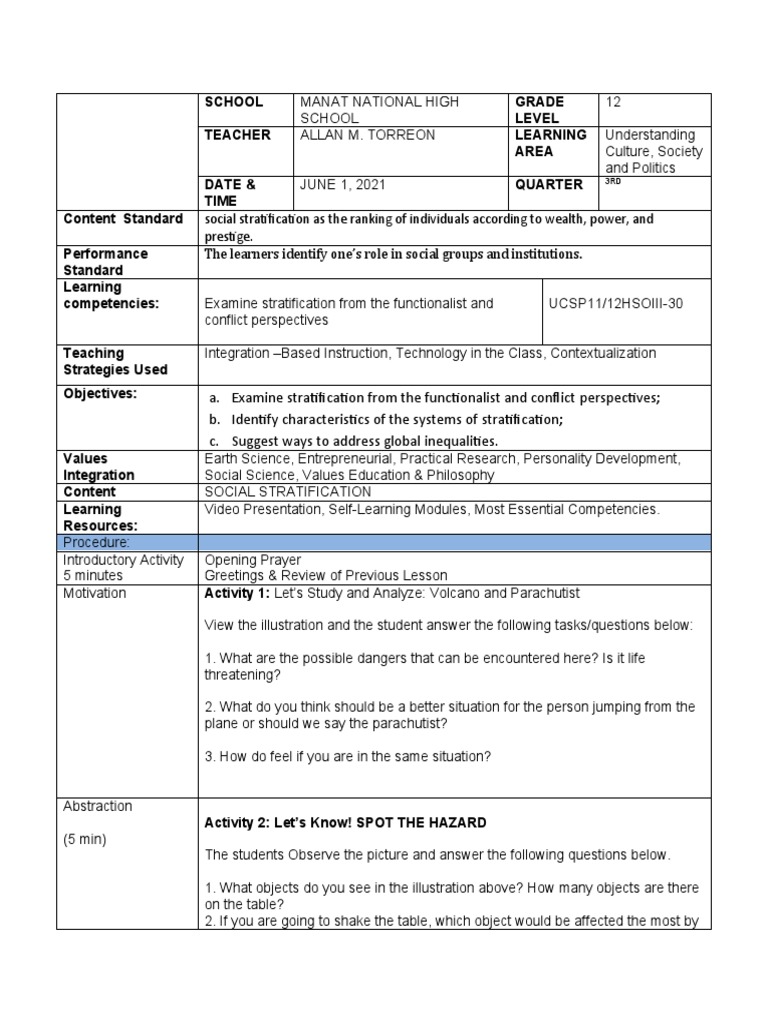 Detailed Lesson Plan For Ucsp Cot 2 | PDF | Hazards | Social Stratification