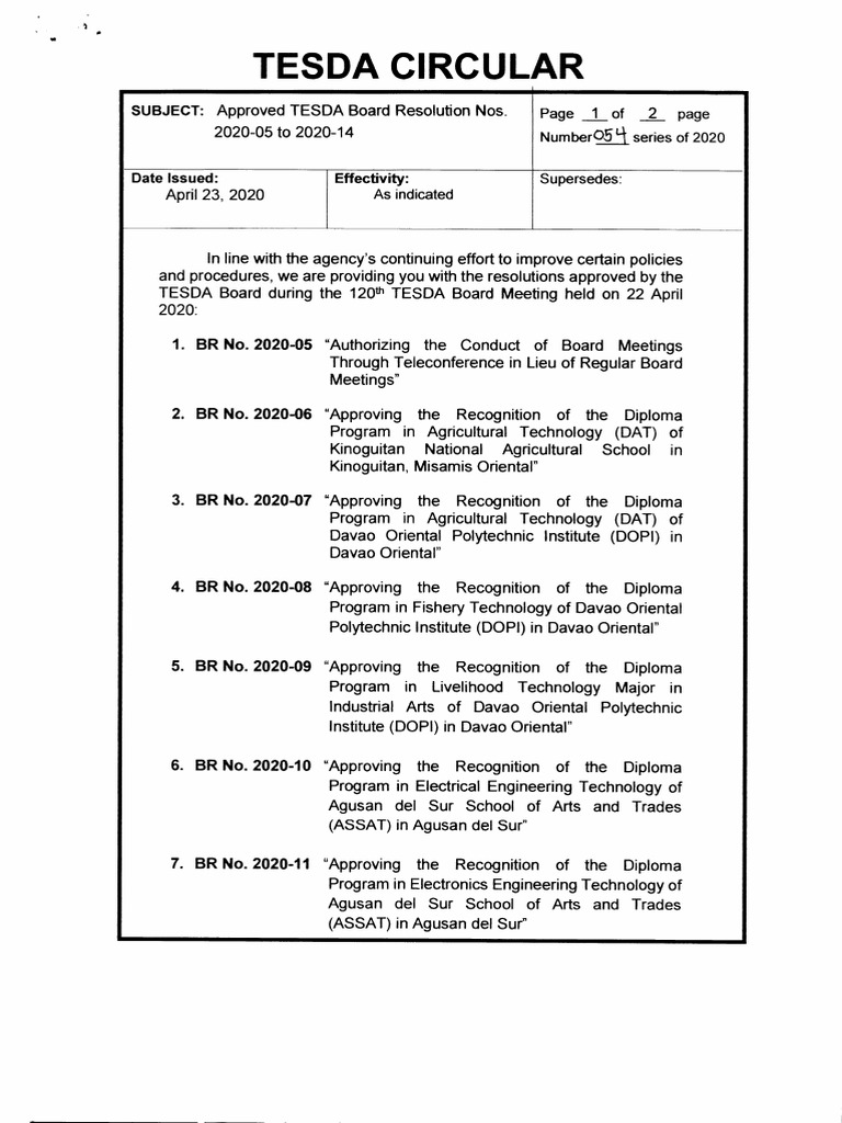 TESDA Circular No. 054-2020 | PDF | Vocational Education | Academic Degree