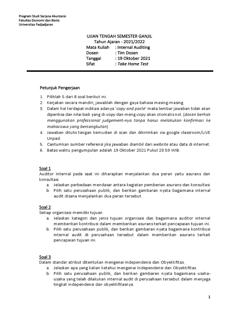 Soal UTS Internal Audit 19 October 2021 - Mod | PDF | Bisnis