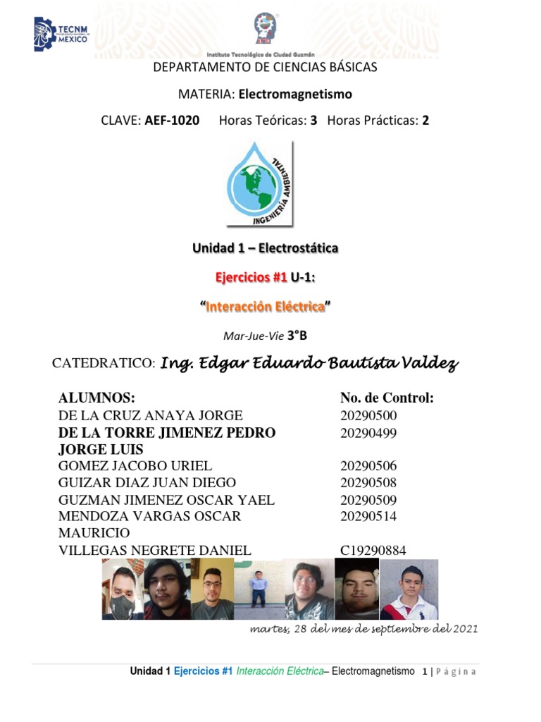 ELE U-1 Equipo 5 Ejer 1 Int Elec DLC-DLT-Gom-Gui-Guz-Men-Vil | PDF | Electrostática | Fuerza