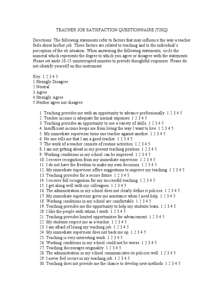 Teacher Job Satisfaction Questionnaire | PDF