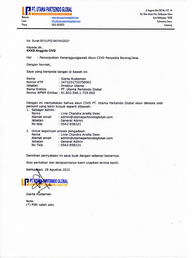 Penunjukkan Penanggungjawab Akun CIVD Penyedia Barang Atau Jasa | PDF