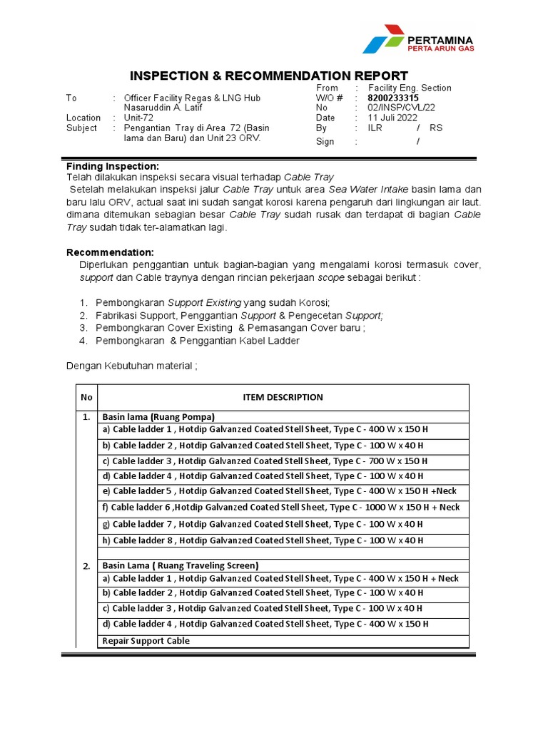 Inspection & Recommendation Report - SWI Cable Tray Update 1 | PDF