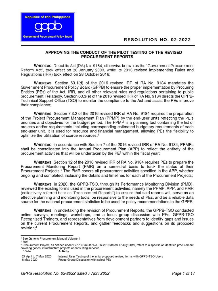 GPPB Resolution No. 02-2022 - Revised Procurement Forms - SGD | PDF ...