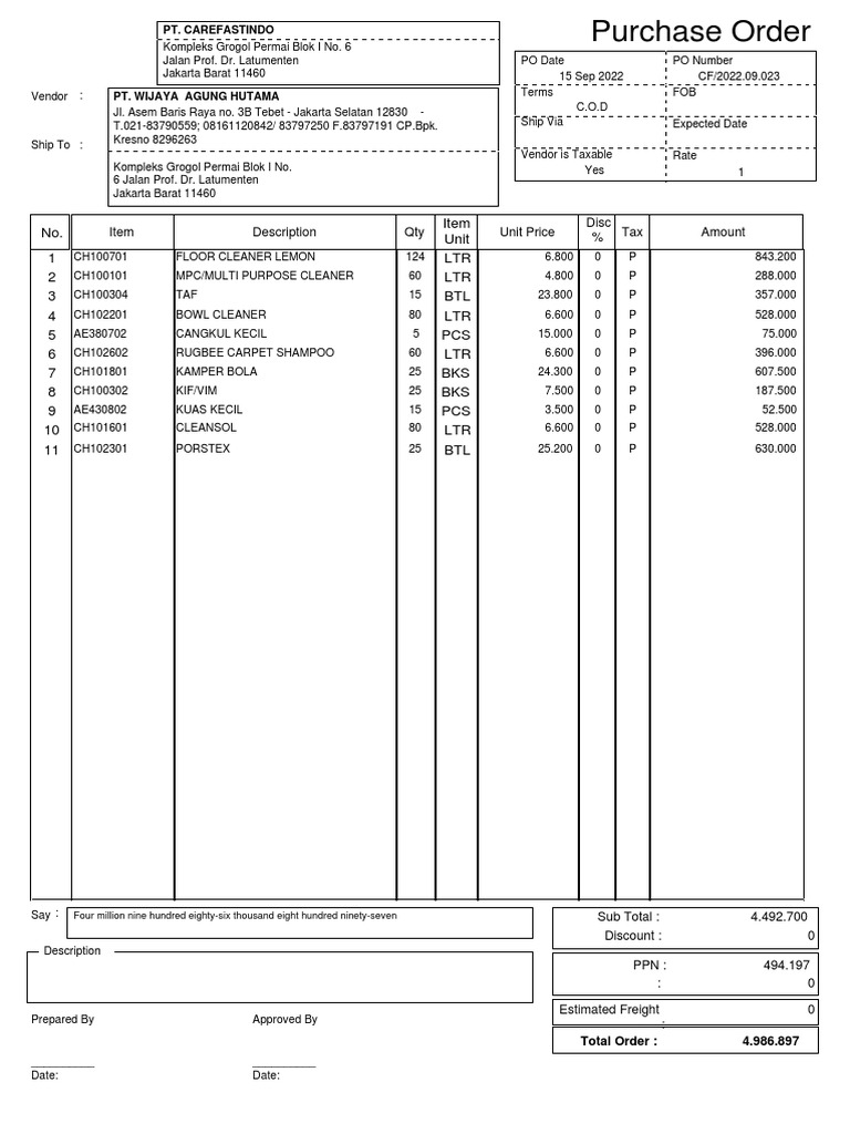 No. Item Unit 1 LTR 2 LTR 3 BTL 4 LTR 5 PCS 6 LTR 7 BKS 8 BKS 9 PCS 10 ...