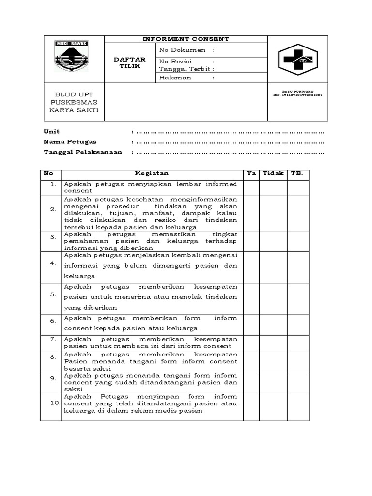 Checklist Informed Consent Puskesmas | PDF | Bisnis | Hukum