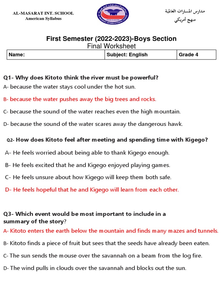 Grade 4 English Final Worksheet | PDF
