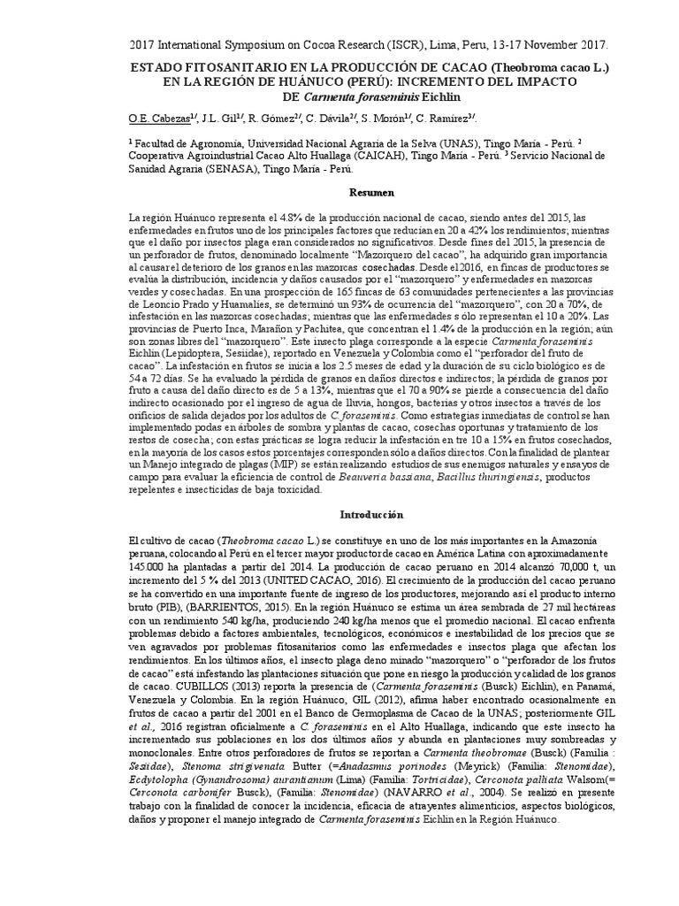 Impacto de Carmenta foraseminis en cacao | PDF | Perú | Control ...