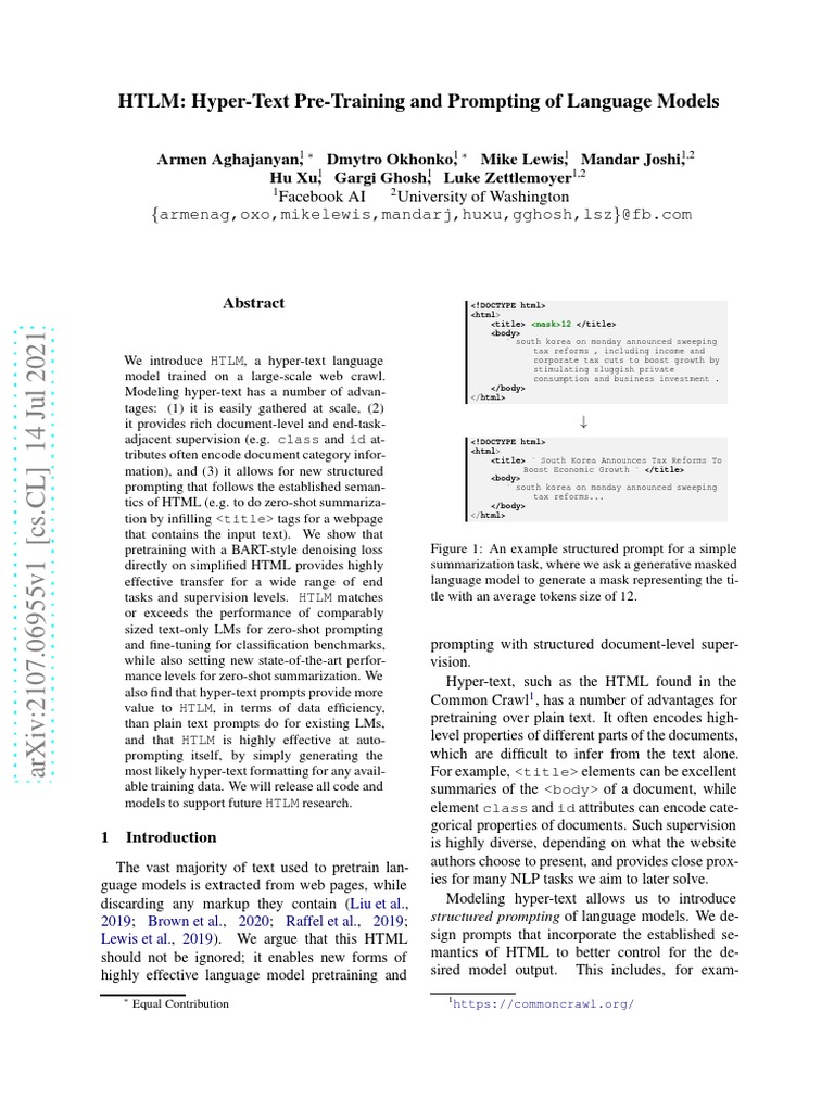 HTLM: Hyper-Text Pre-Training and Prompting of Language Models | PDF | Html | Document Object Model