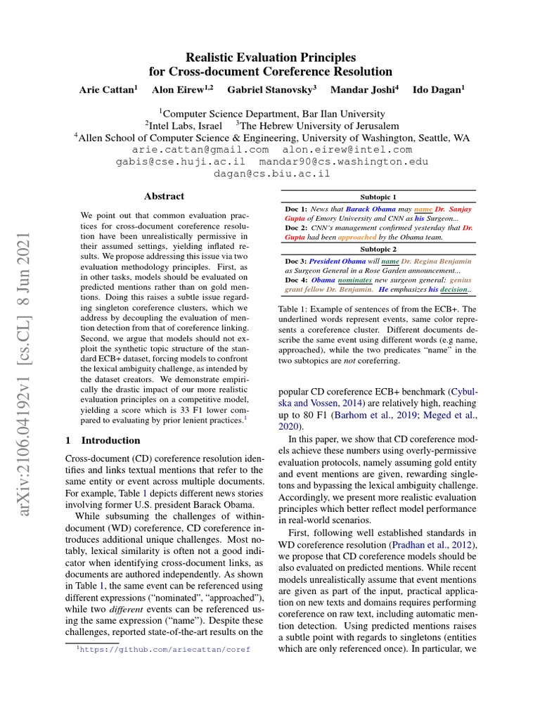 Realistic Evaluation Principles For Cross Document Coreference Resolution Pdf Evaluation