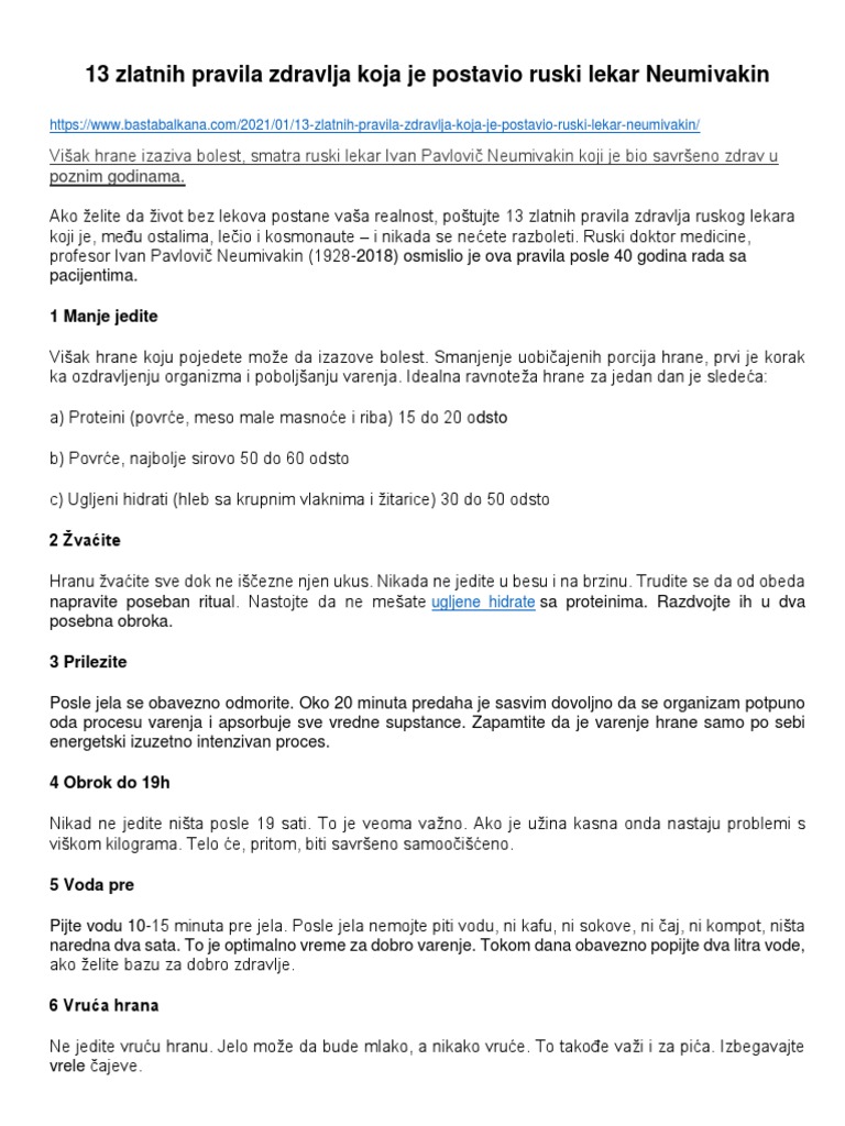 13 Zlatnih Pravila Zdravlja Koja Je Postavio Ruski Lekar Neumivakin | PDF