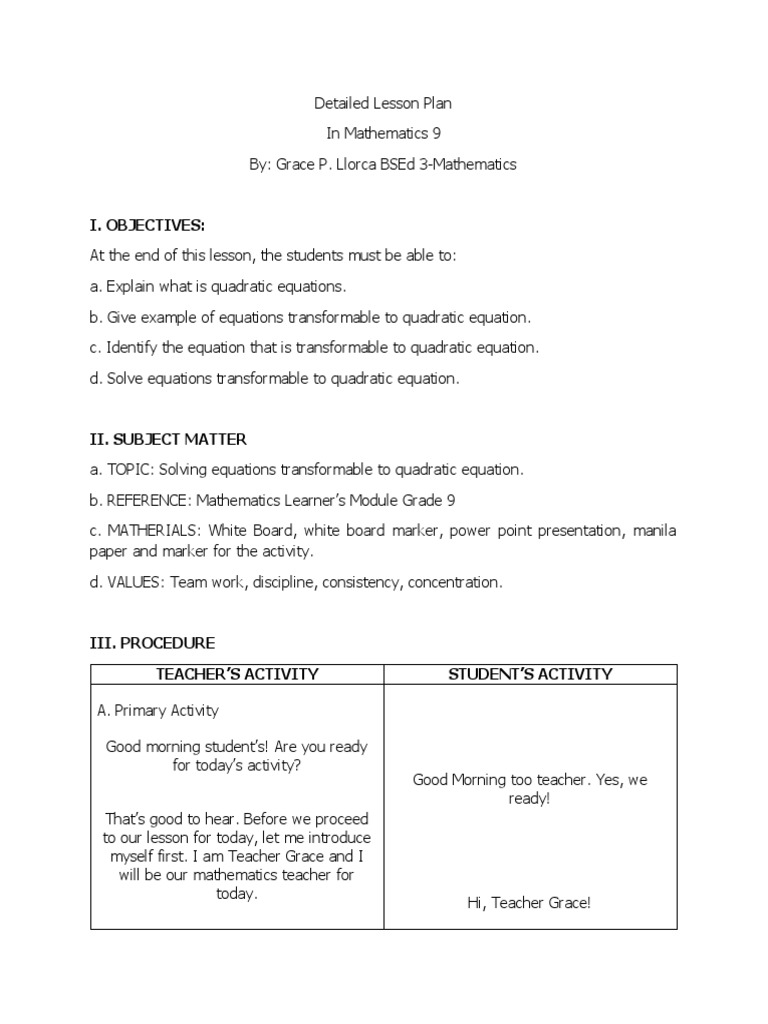 Detailed Lesson Plan Grace | PDF | Equations | Quadratic Equation