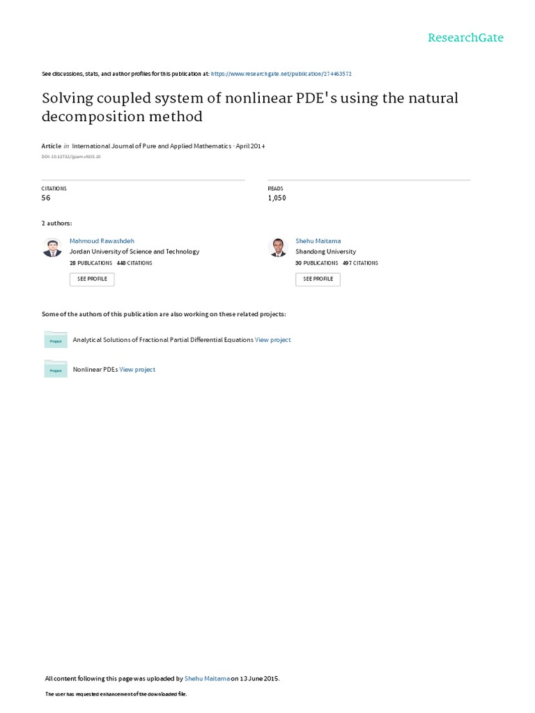 Solving Coupled System of Nonlinear PDE's Using The Natural Decomposition Method | Download Free ...