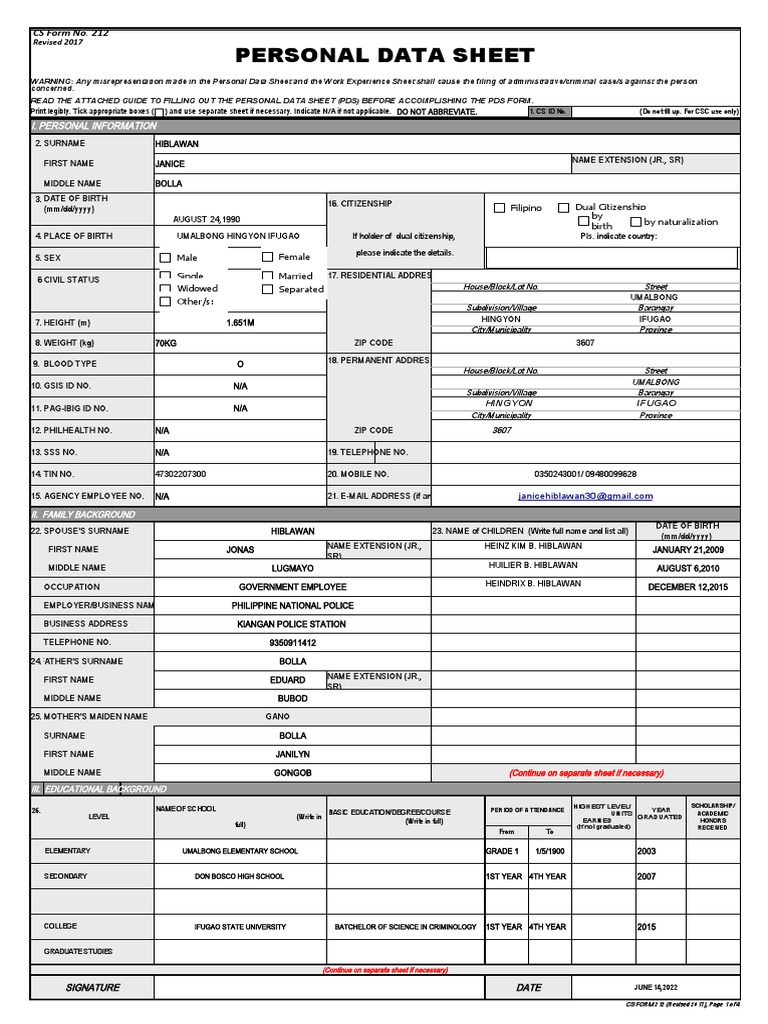 CS Form No. 212 Personal Data Sheet Revised | PDF | Government | Justice