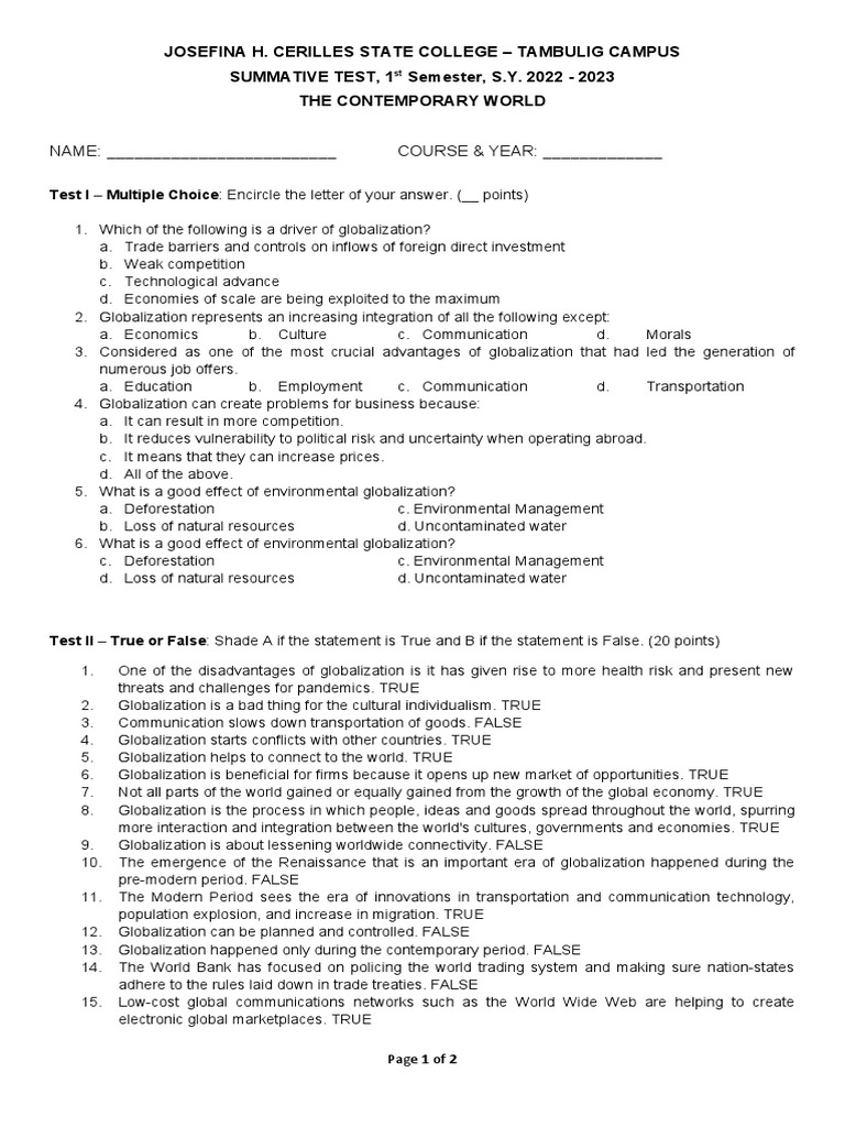 Contemporary World - Long Quiz | PDF | Globalization | Market (Economics)