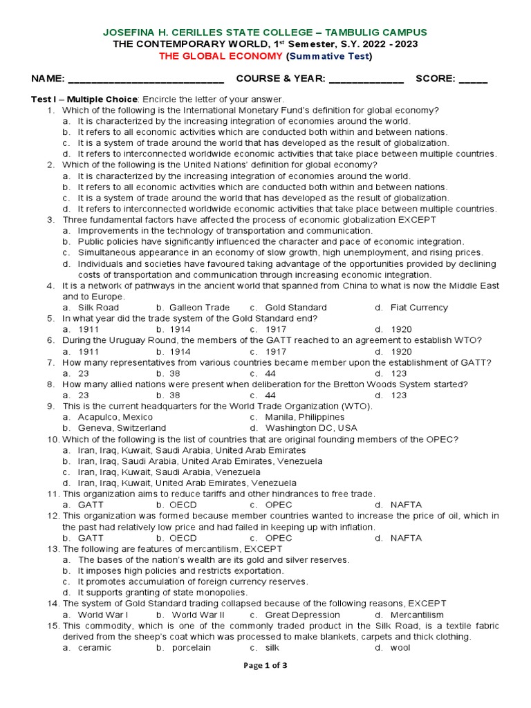 Contemporary World - Long Quiz 2 | PDF | Globalization | Economics