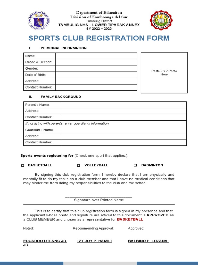 Sports Club Registration Form 2022-2023 | PDF