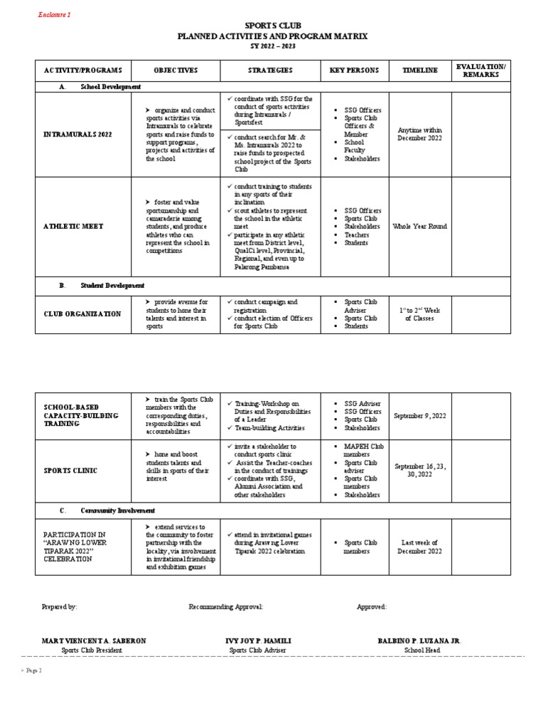 Sports Club Activities Plan 2022-2023 | PDF