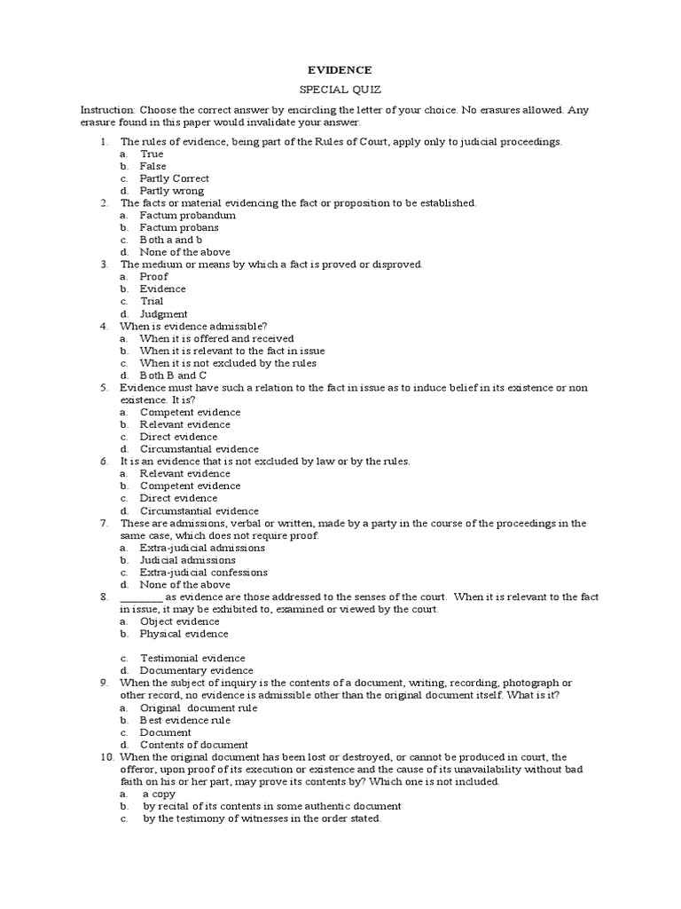 EVIDENCE Special Quiz | PDF | Evidence (Law) | Evidence