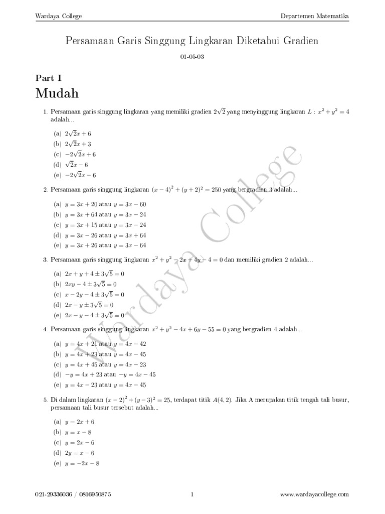 01 05 03 Persamaan Garis Singgung Lingkaran Diketahui Gradien - Soal | PDF | Metode & Bahan Ajar