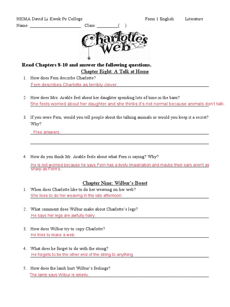 Microsoft Word - Charlotte's Web WS CH 8-10 | PDF