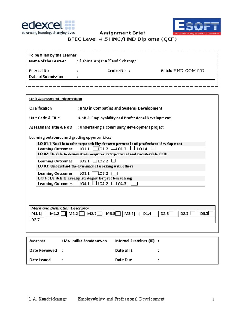 Lahiru Anjana Kandelekamge HND-COM 002: Assignment Brief BTEC Level 4-5 HNC/HND Diploma (QCF ...