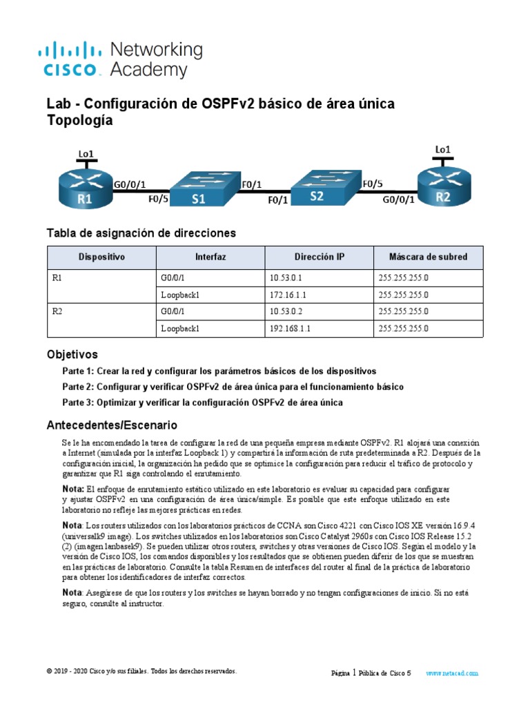 2.7.2-Lab - Configure-Single-Area-Ospfv2 - es-XL | PDF | Enrutador (Computación) | Dirección IP
