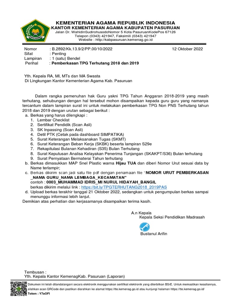 Surat Pemberkasan Terhutang 2018 - 2019 Kab Pasuruan | PDF