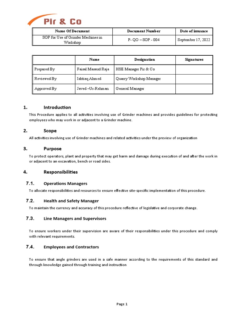 Grinder Machine Safety SOP | PDF | Grinding (Abrasive Cutting ...