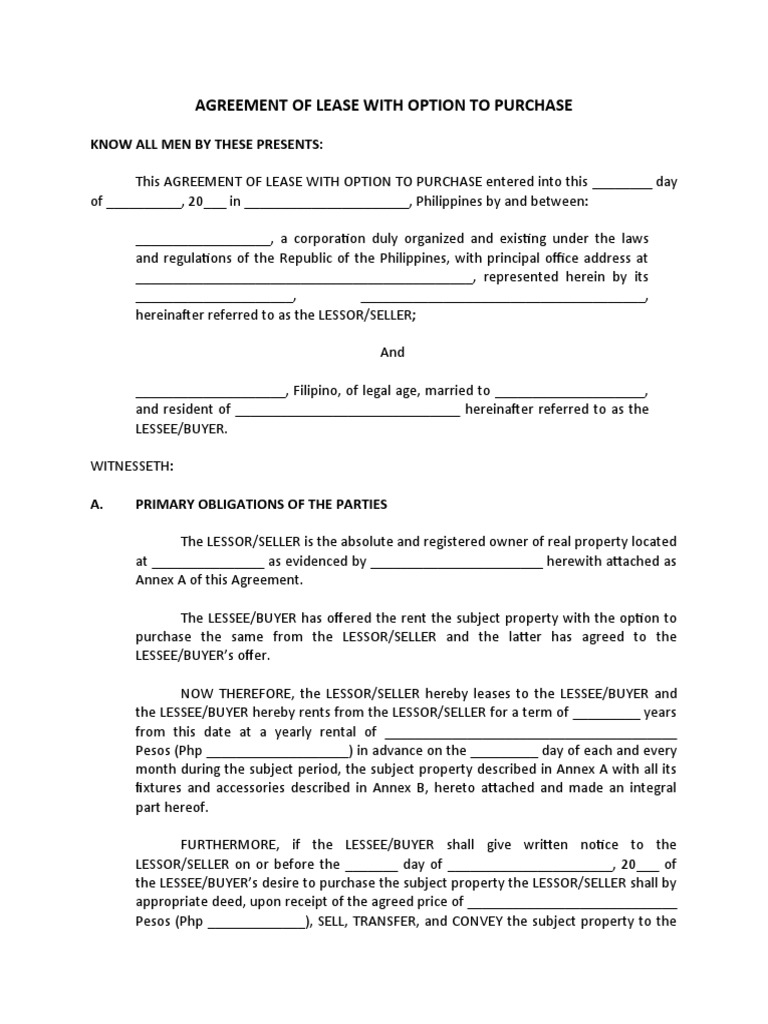 AGREEMENT OF LEASE WITH OPTION TO PURCHASE | PDF | Lease | Consent