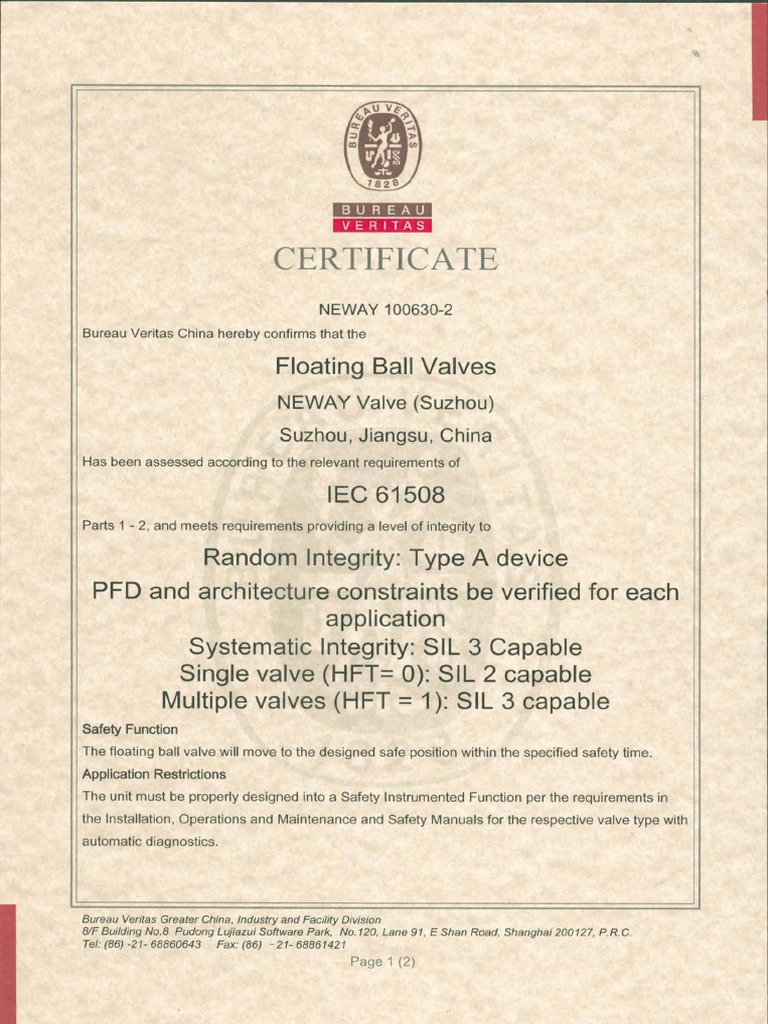 SVE-A090-VENDOR-049 Neway SIL Certificate (Floating Ball Valve) | PDF
