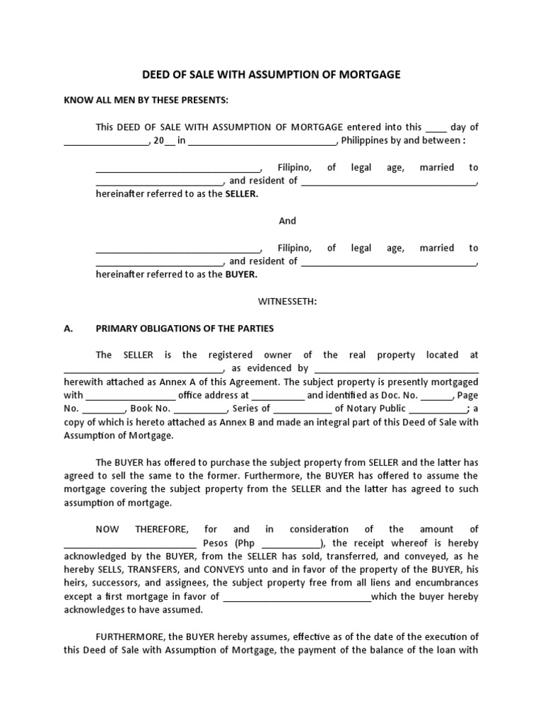 Deed of Sale With Assumption of Mortgage | PDF | Mortgage Law | Deed